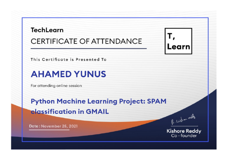 machine learning & spam mail classification certificate | PDF