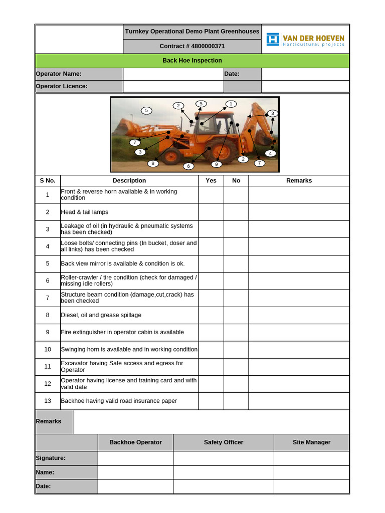 Backhoe Inspection Checklist Template | PDF