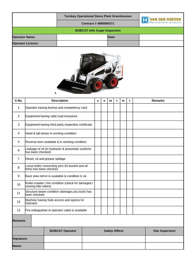 BOBCAT Auger Inspection Checklist | PDF
