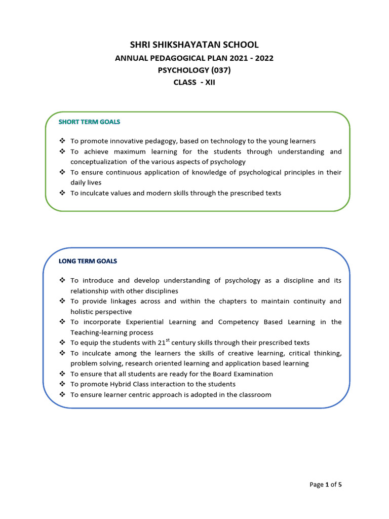 CLASS XII PSYCHOLOGY LESSON PLAN | PDF | Learning | Psychology