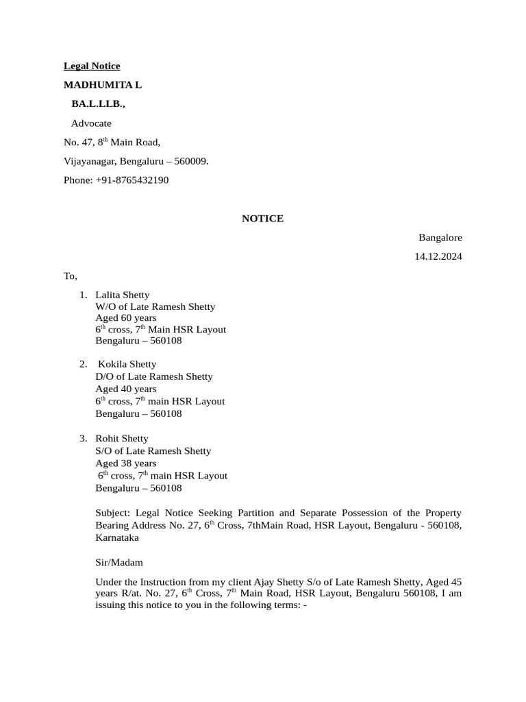 Legal Notice for Property Partition | PDF | Common Law | Justice