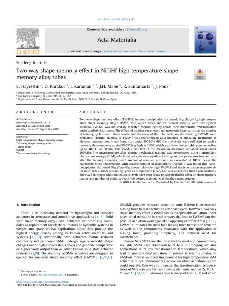 112.Two way shape memory effect in NiTiHf high temperature shape memory alloy tubes | PDF ...