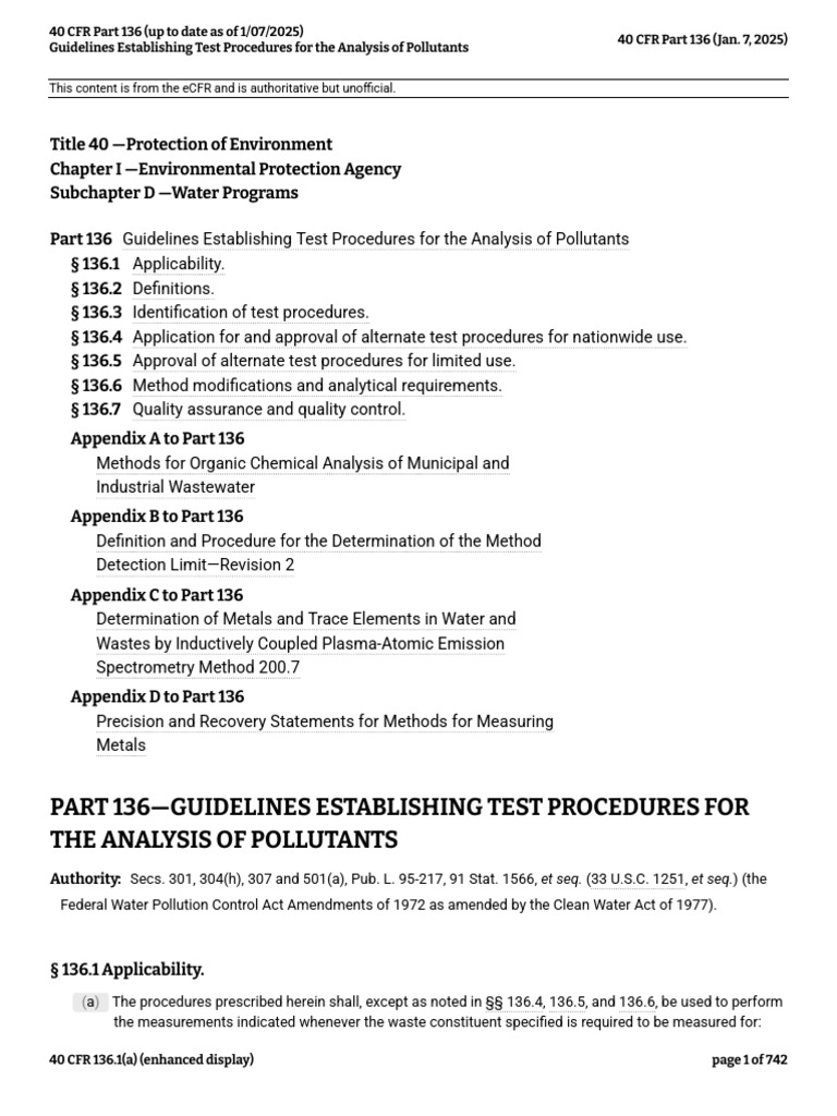 40 CFR Part 136 (Up To Date As of 1-07-2025) | PDF | Clean Water Act