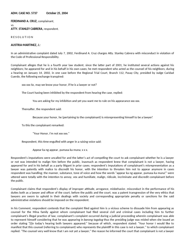 Cruz v. Atty. Cabrera (ADM. CASE NO. 5737) | PDF | Practice Of Law | Lawyer