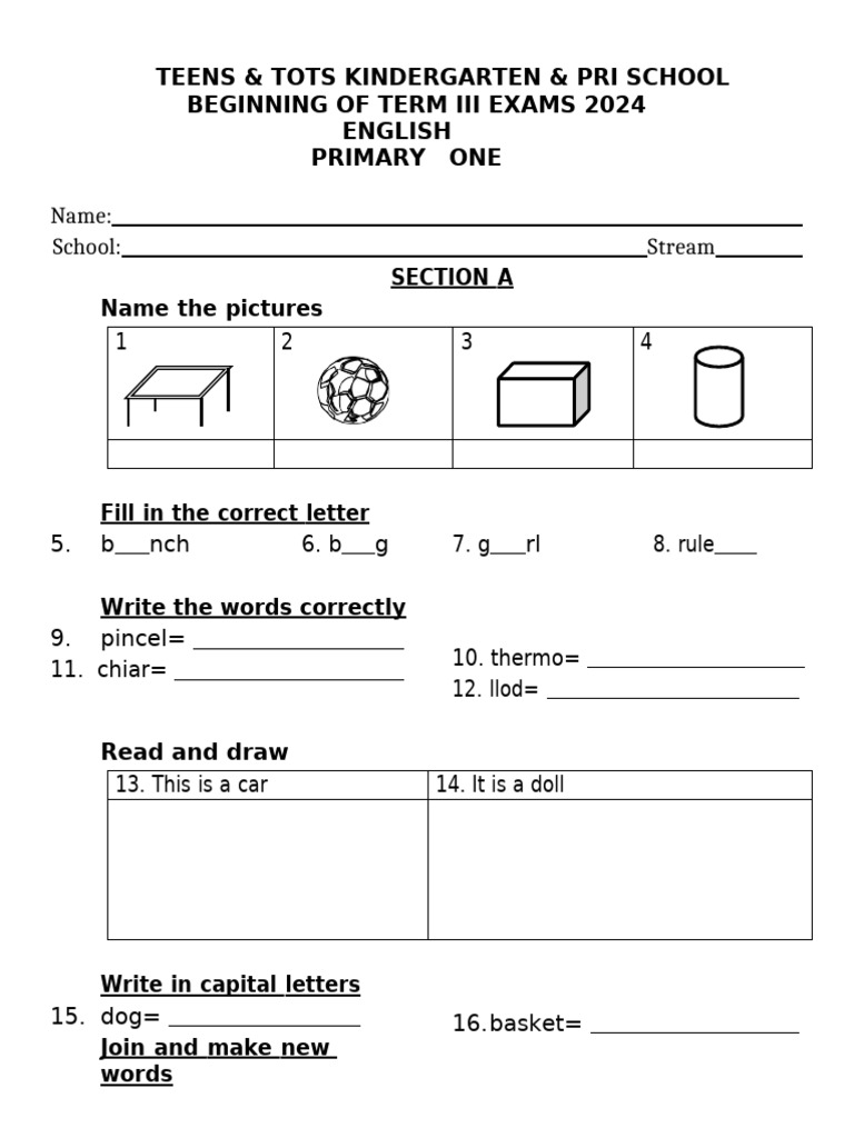 Kindergarten English Exam Term III 2024 | PDF