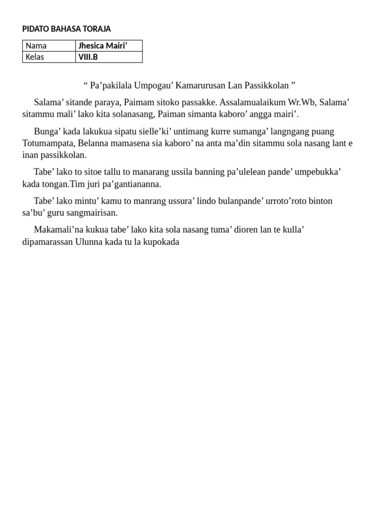Pidato Pendidikan dalam Bahasa Toraja | PDF