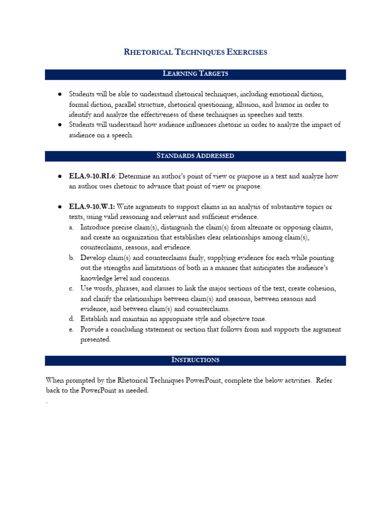 Rhetorical Techniques Exercises | PDF | Rhetoric | Argument