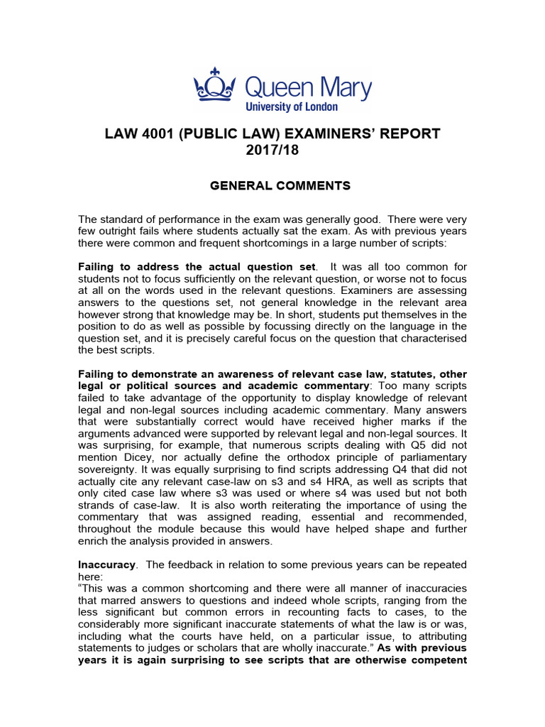 2018 - LAW4001 Public Law Examiners Report | PDF | Constitution ...