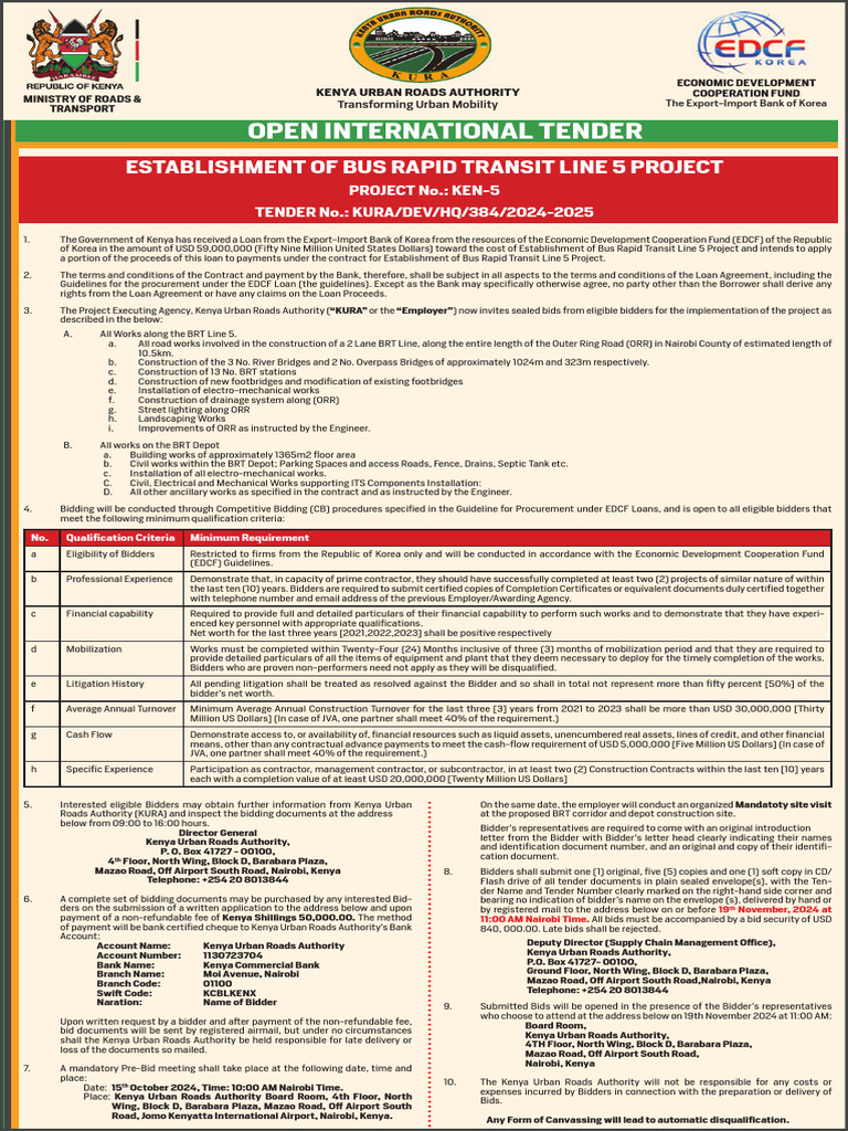 Kenya BRT Line 5 Tender Notice | PDF | United States Dollar | Kenya