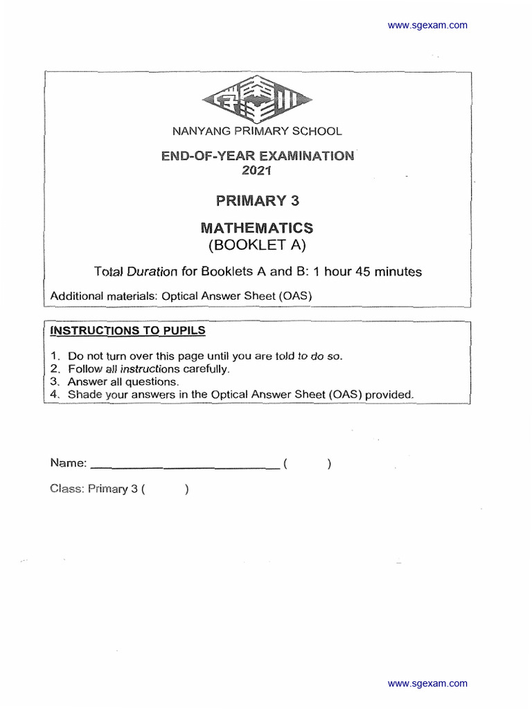 2021-P3-Maths-End of Year Exam-Nanyang | PDF