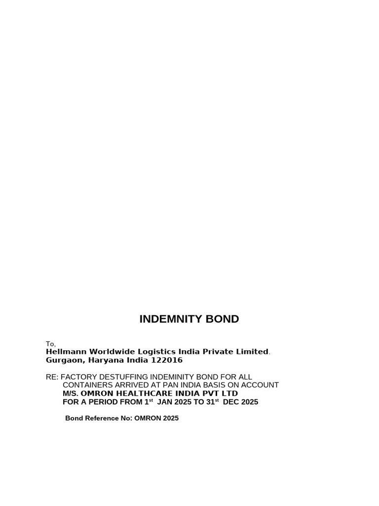 Indemnity Bond (Yearly Factory Destuff Bond) - Hellmann | PDF | Indemnity | Legal Liability