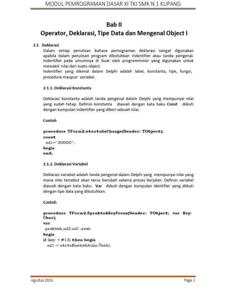 Bab II Operator Deklarasi Tipe Data Dan Mengenal Object I | PDF
