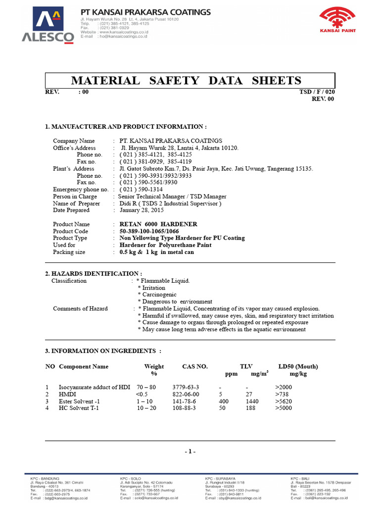 MSDS Retan 6000 Hardener (389-100) | PDF | Waste | Chemistry