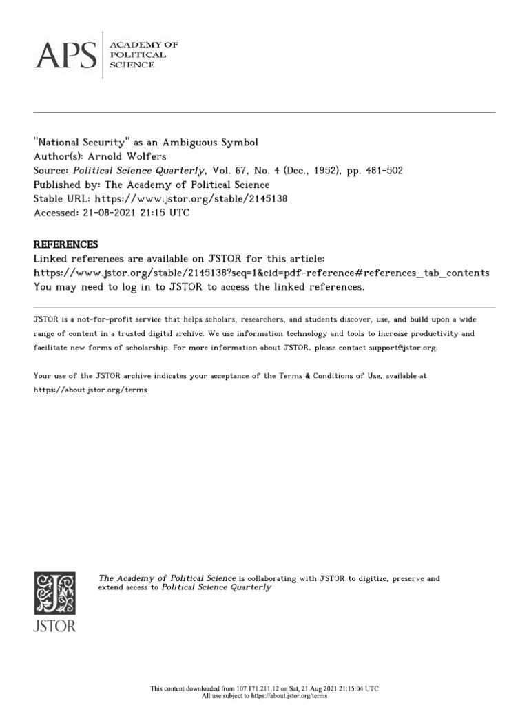 Week 2 O (Wolfers - National Security As An Ambiguous Symbol) | PDF