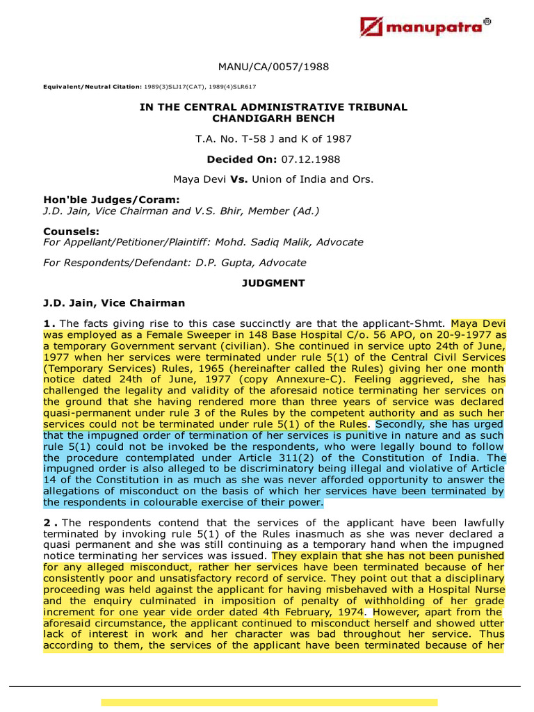 Maya Devi vs. Union of India: Termination Case | PDF | Justice | Public Law