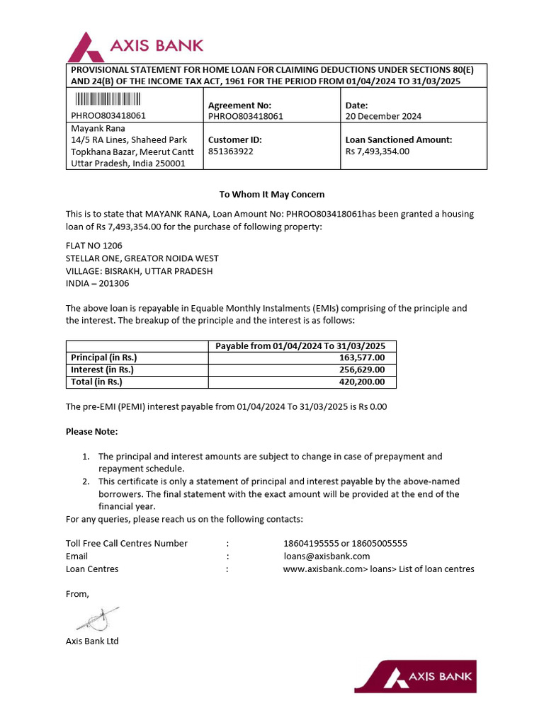 Home Loan Tax Deduction Statement | PDF