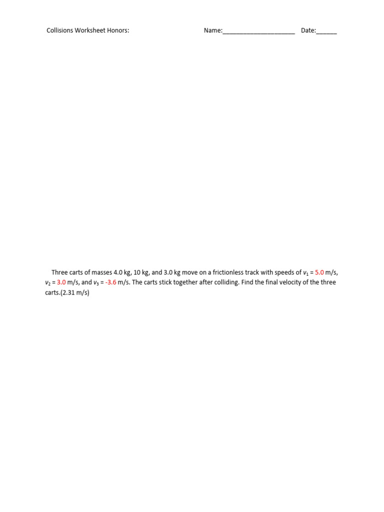 Collisions Worksheet. | PDF | Collision | Physics