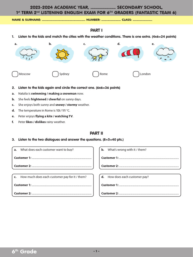 6th Grade Listening Exam: Weather & Dialogues | PDF | Atmosphere