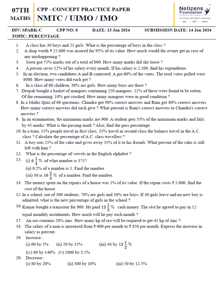 N2 - STD - 7TH - Spark (C) - Topic - Percentage - Maths - CPP - 08 - 13-01-2025 | PDF | Percentage