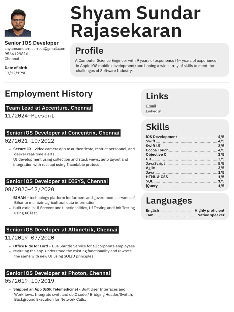 Senior iOS Developer Profile: Shyam Sundar | PDF | Ios | Swift ...