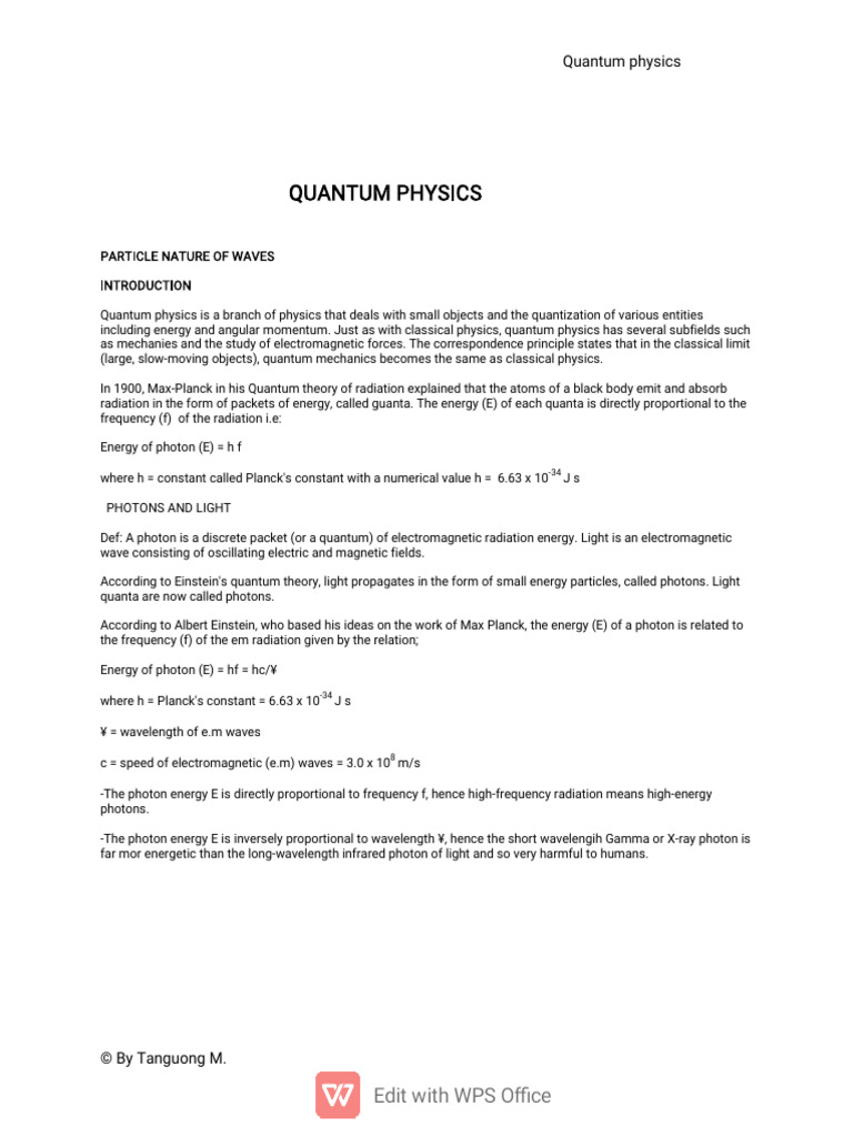 QUANTUM PHYSICS NOTES | PDF | Photoelectric Effect | Emission Spectrum