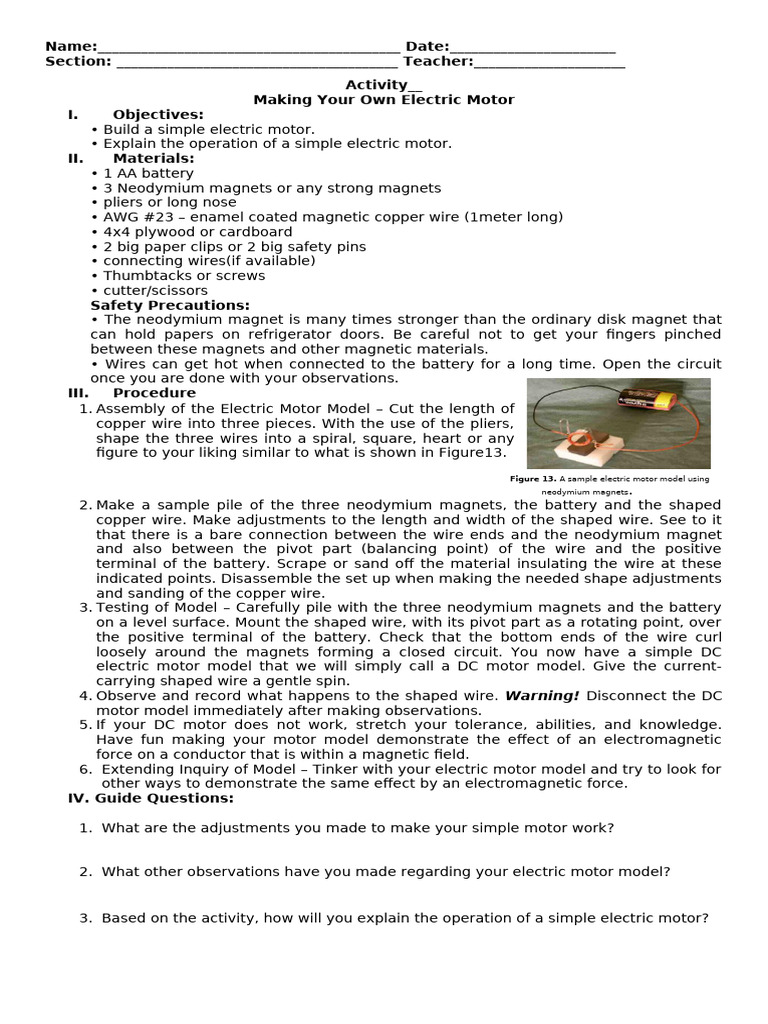 Activity Making A Simple Motor | PDF | Electric Motor | Magnet