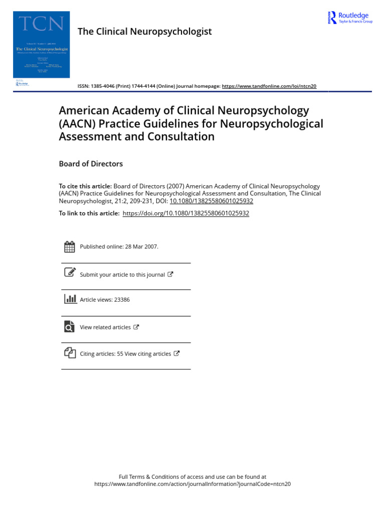 American Academy of Clinical Neuropsychology AACN Practice Guidelines For Neuropsychological ...