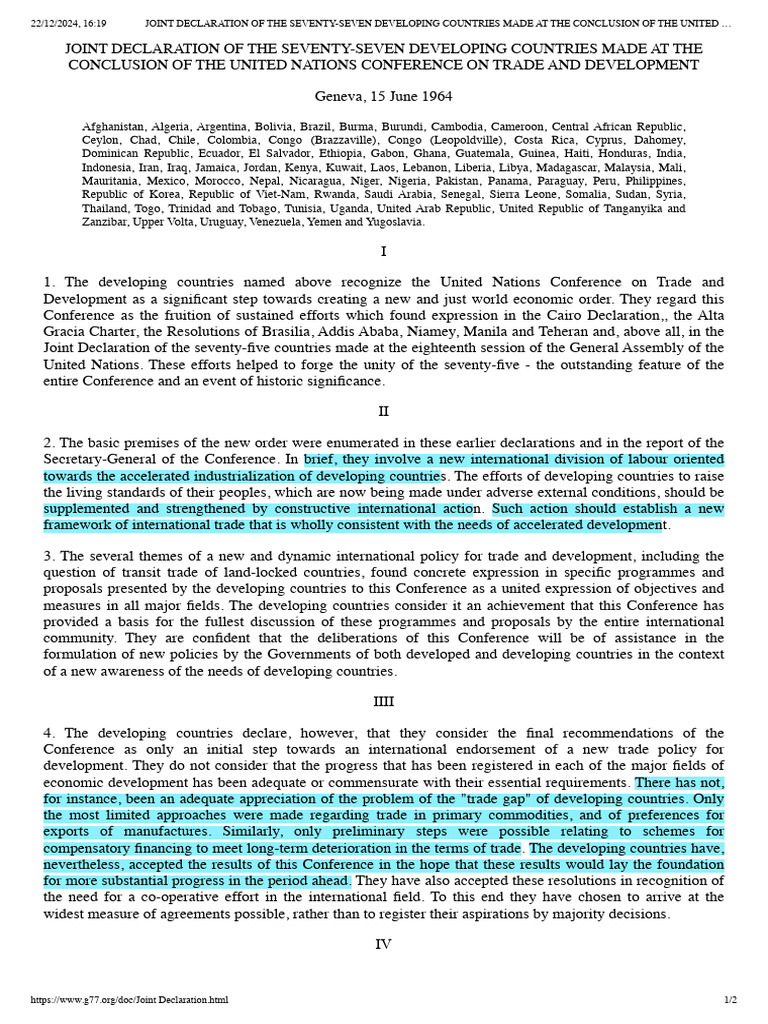 JOINT DECLARATION OF THE SEVENTY-SEVEN DEVELOPING COUNTRIES MADE AT THE ...