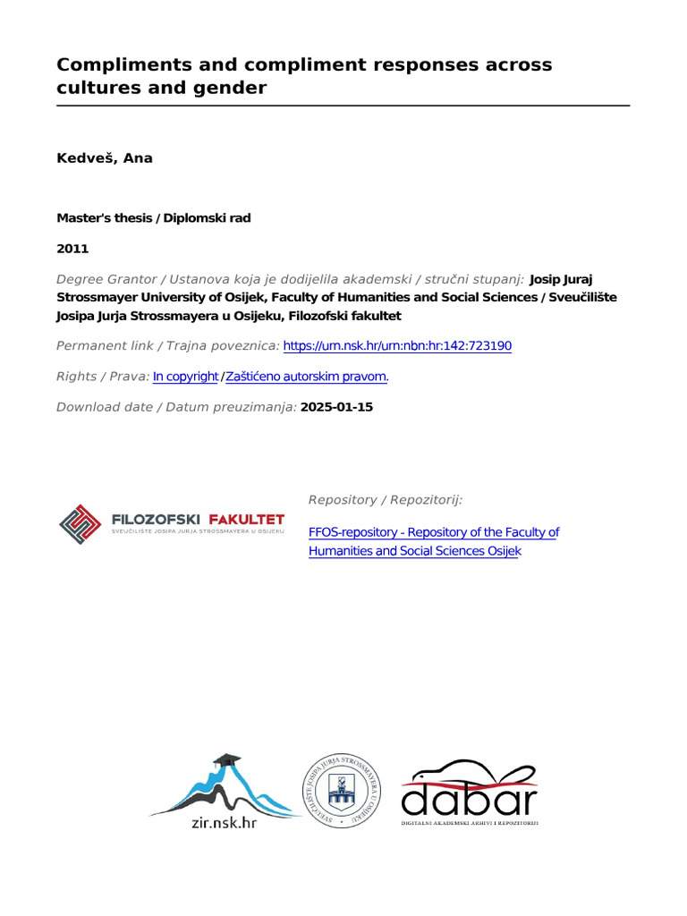 Compliments Responses Across Cultures and Gender Ana Kedves and | PDF | Pronoun | Noun