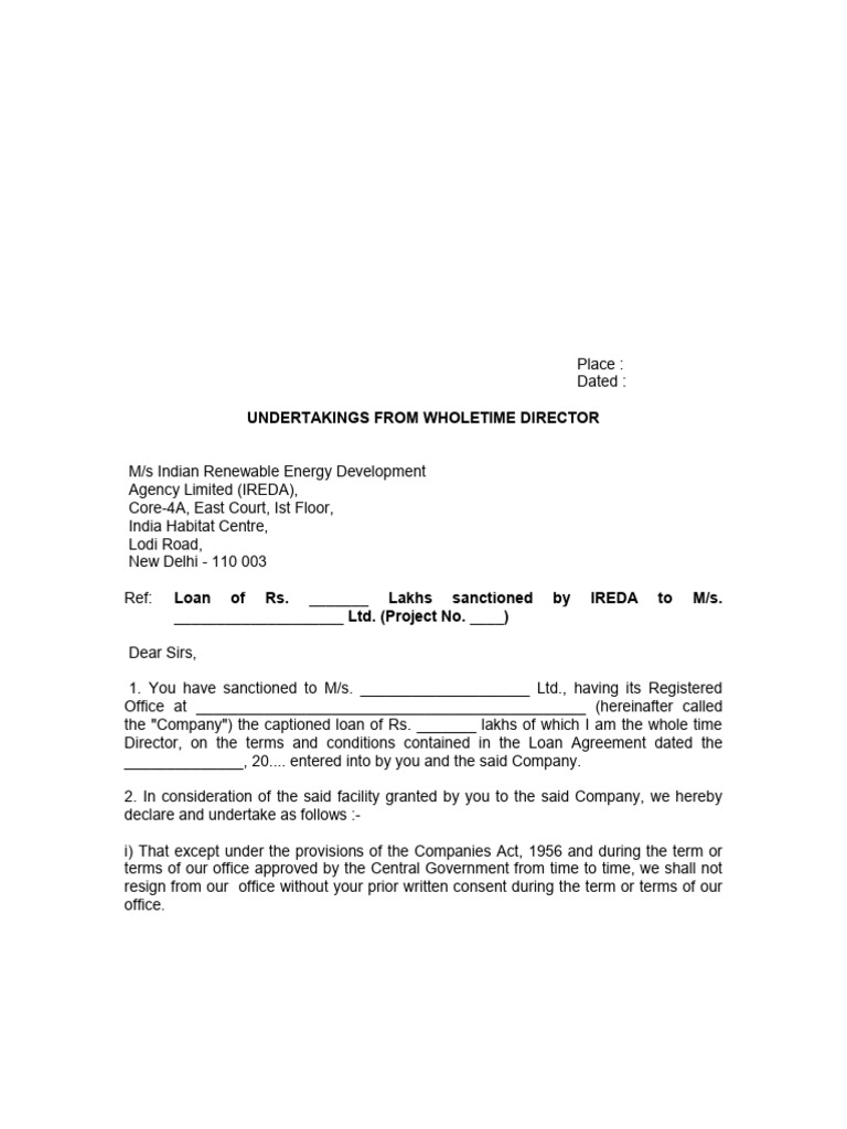 IREDA Loan Undertakings by Director | PDF | Justice | Business Law