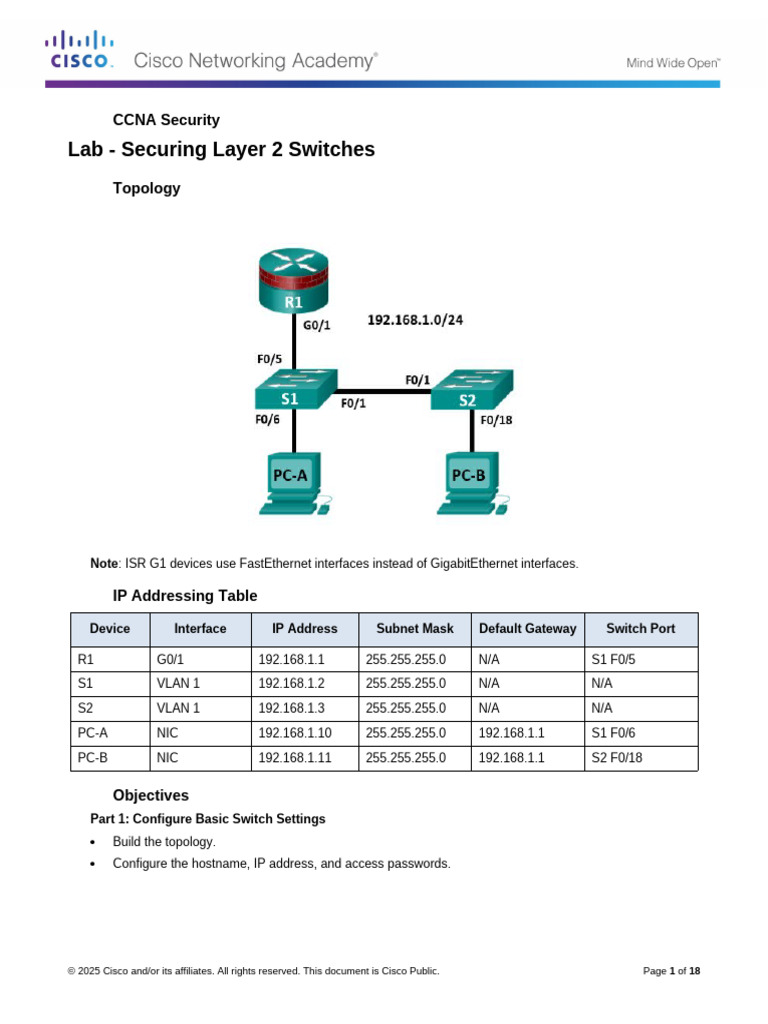 6.3.1.1 Lab - Securing Layer 2 Switches | PDF | Secure Shell | Network Switch