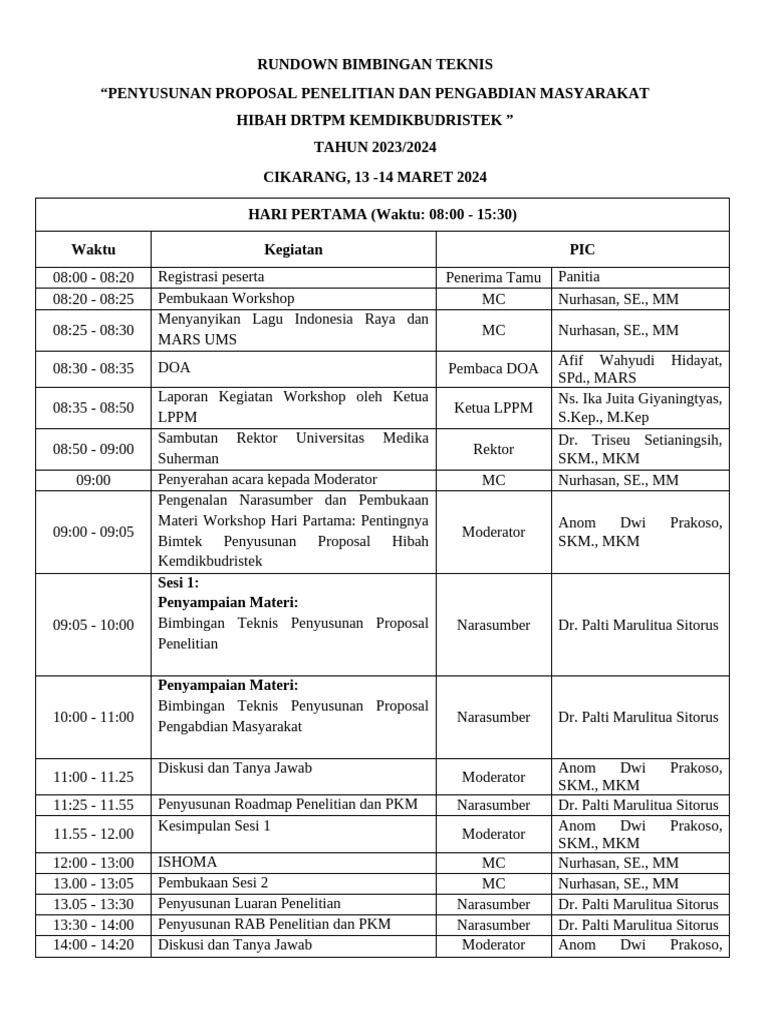 Rundown Bimtek Penyusunan Proposal Hibah Kemdikbudristek 2024 | PDF