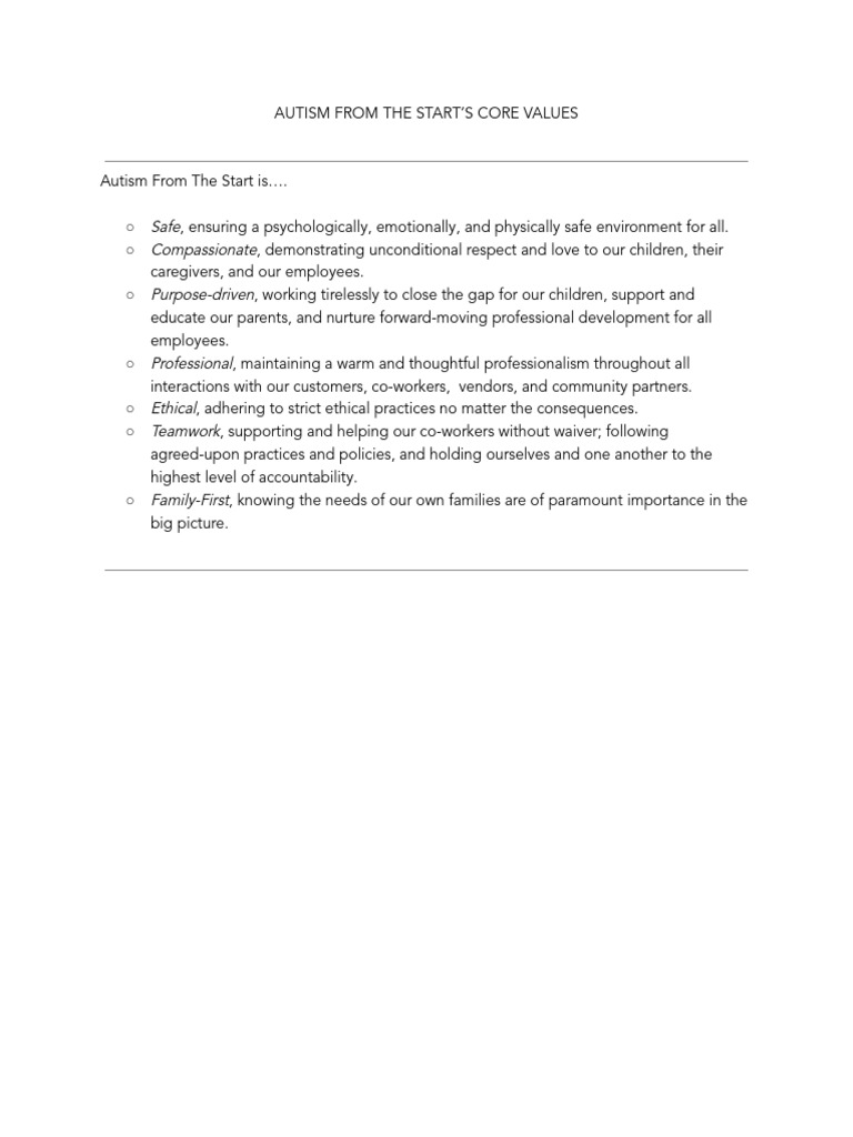 Autism From The Start - 'S Core Values | PDF