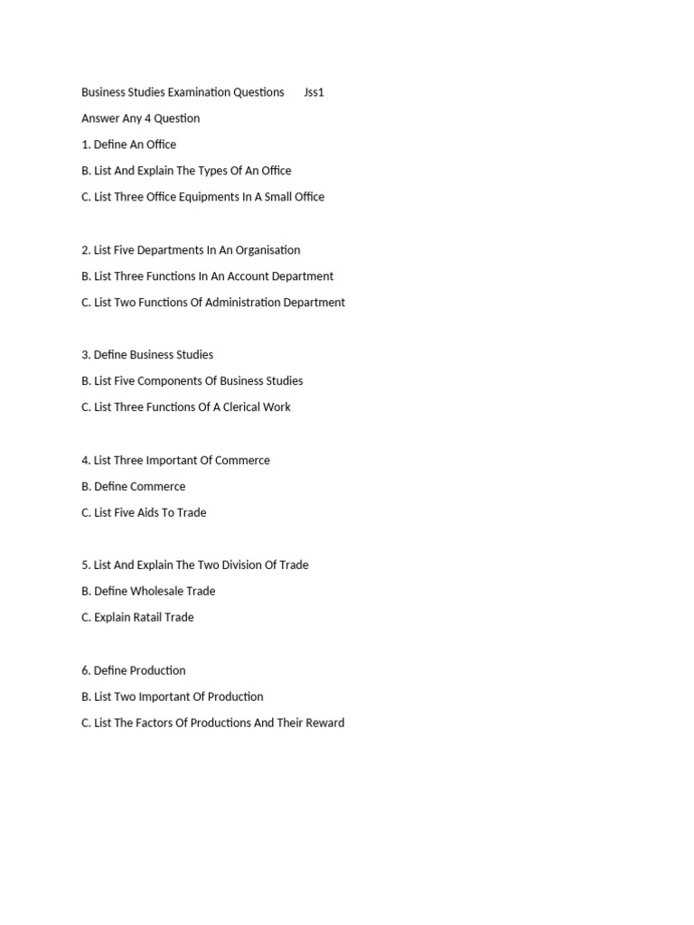 JSS1 Business Studies Exam Questions | PDF