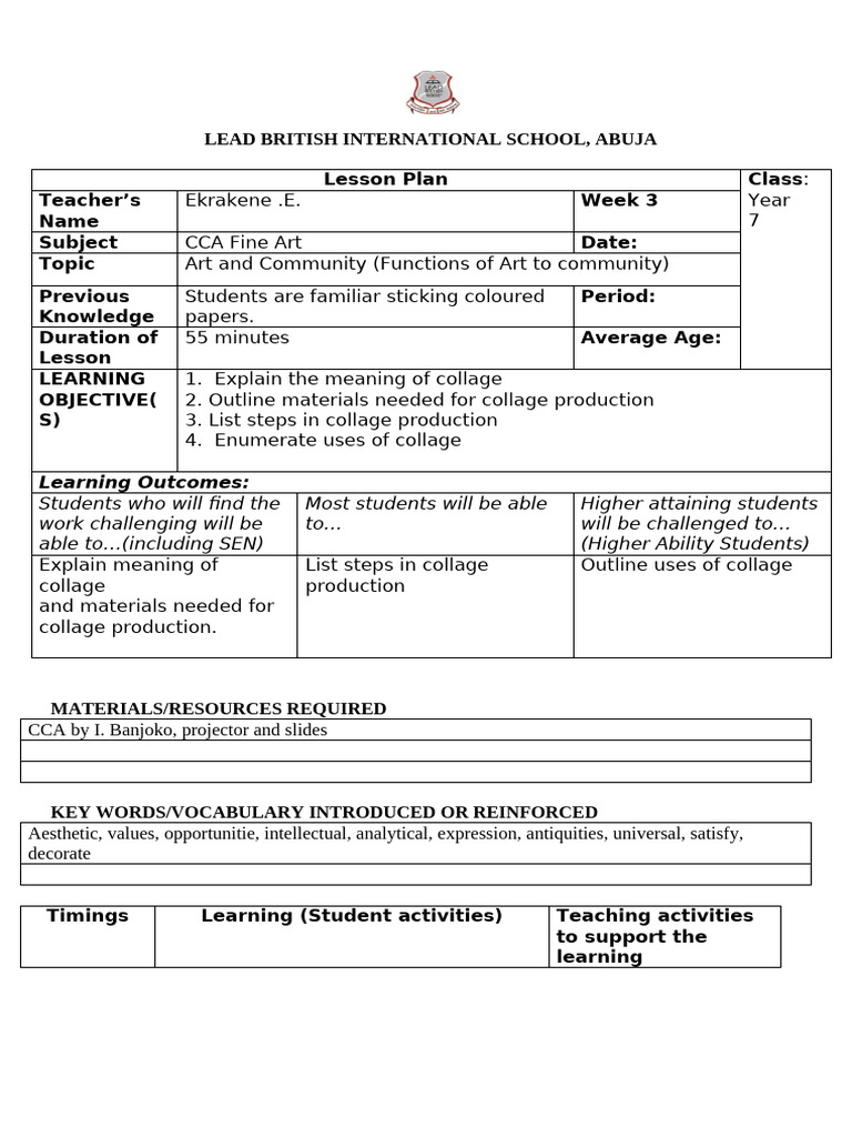 ART LESSON PLAN | PDF | Lesson Plan | Teachers