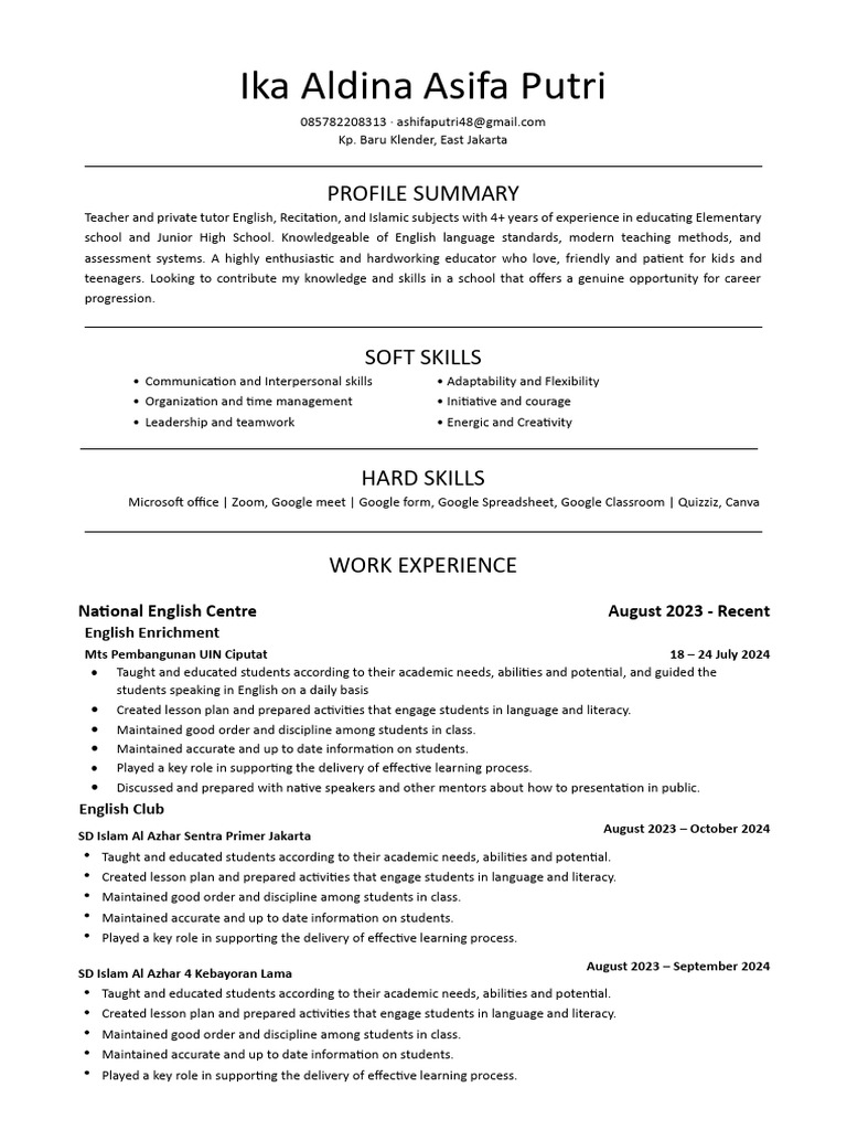 CV Ika Aldina English Teacher | PDF | Thesis | Learning