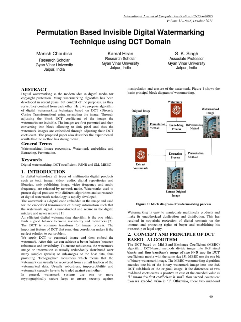 Permutation Based Invisible Digital Watermarking Technique Using DCT Domain | PDF | Data ...