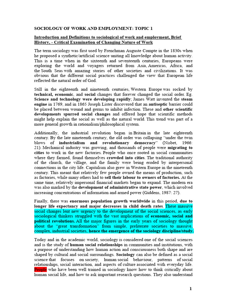 Topic 1 Sociology of Work and Employment | PDF | Employment | Sociology