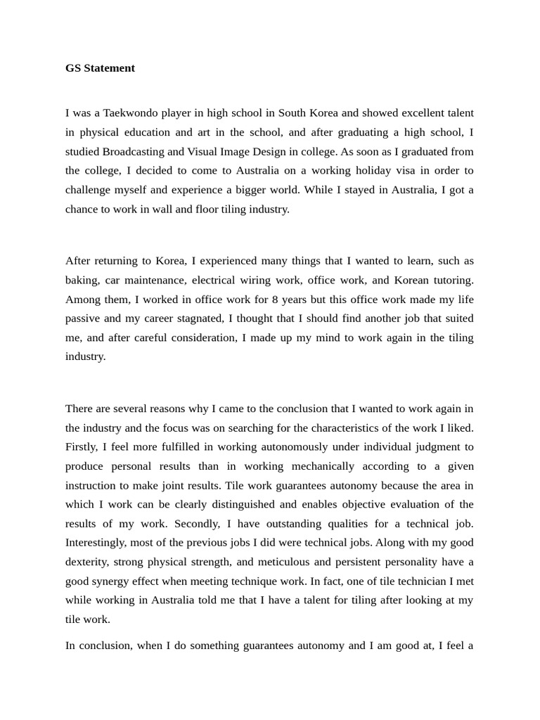 GS Statement - Suan Kim - 29.11.2024 | PDF | Experience | Australia