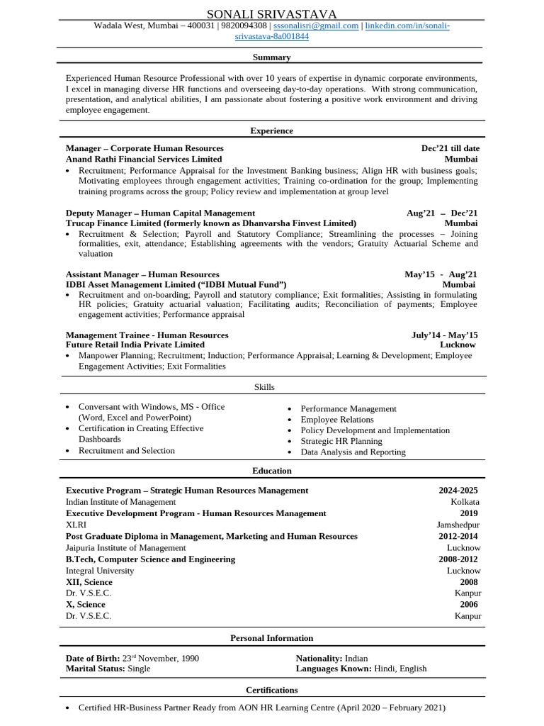 Sonali Srivastava - CV | PDF | Human Resource Management | Human Resources
