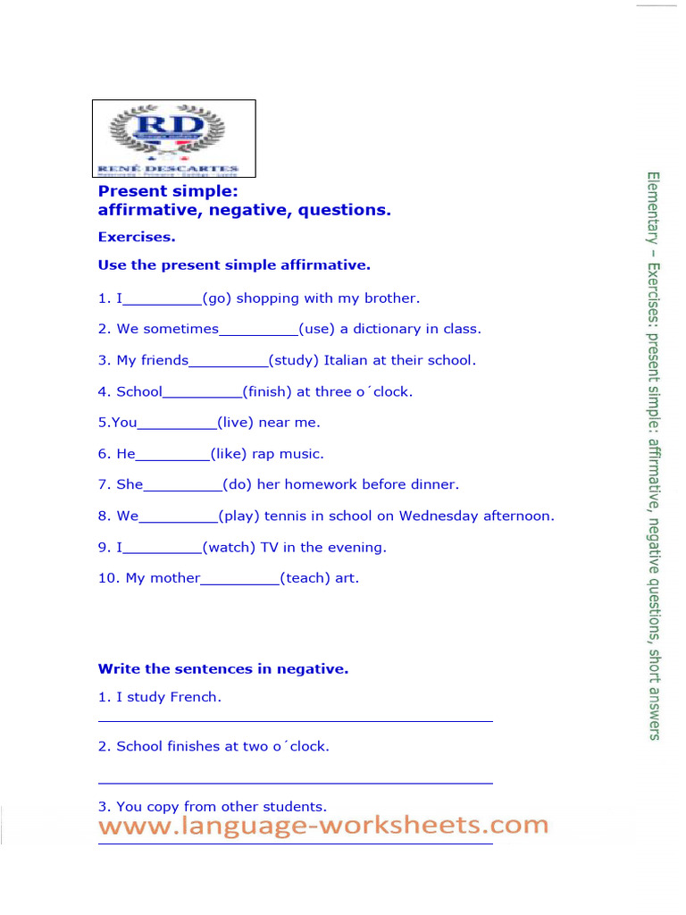 Grammar Exercises Present Simple Negative Affirmative Form | PDF