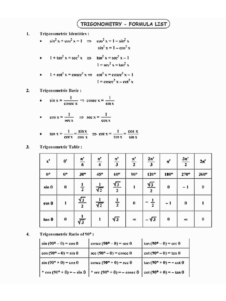 Trigonometry Formula List | PDF