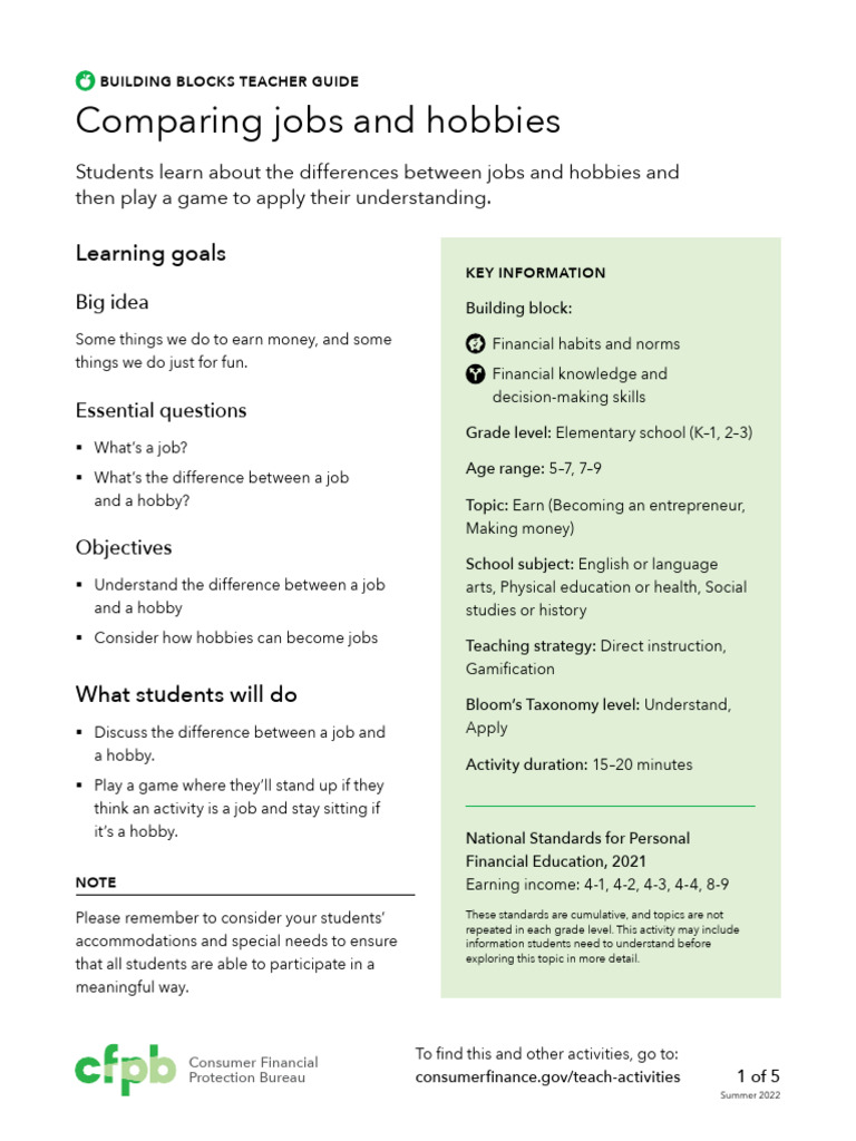 Jobs vs. Hobbies: Teaching Guide | PDF | Hobbies | Cognition