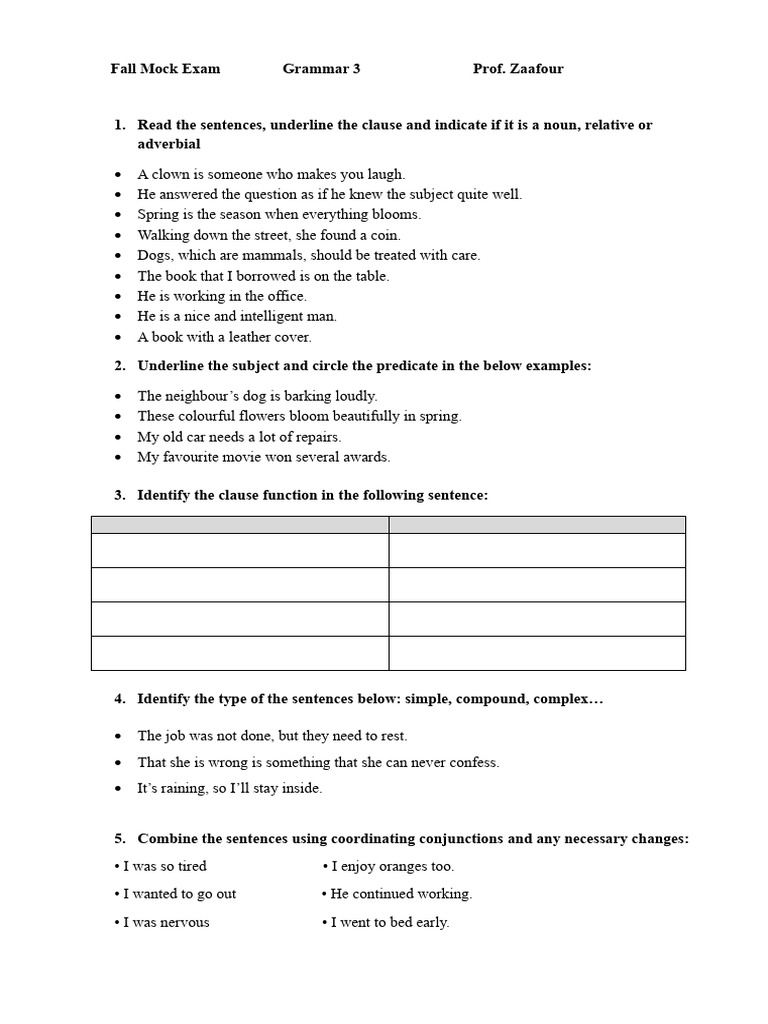 Grammar Mock Exam | PDF | Sentence (Linguistics) | Subject (Grammar)