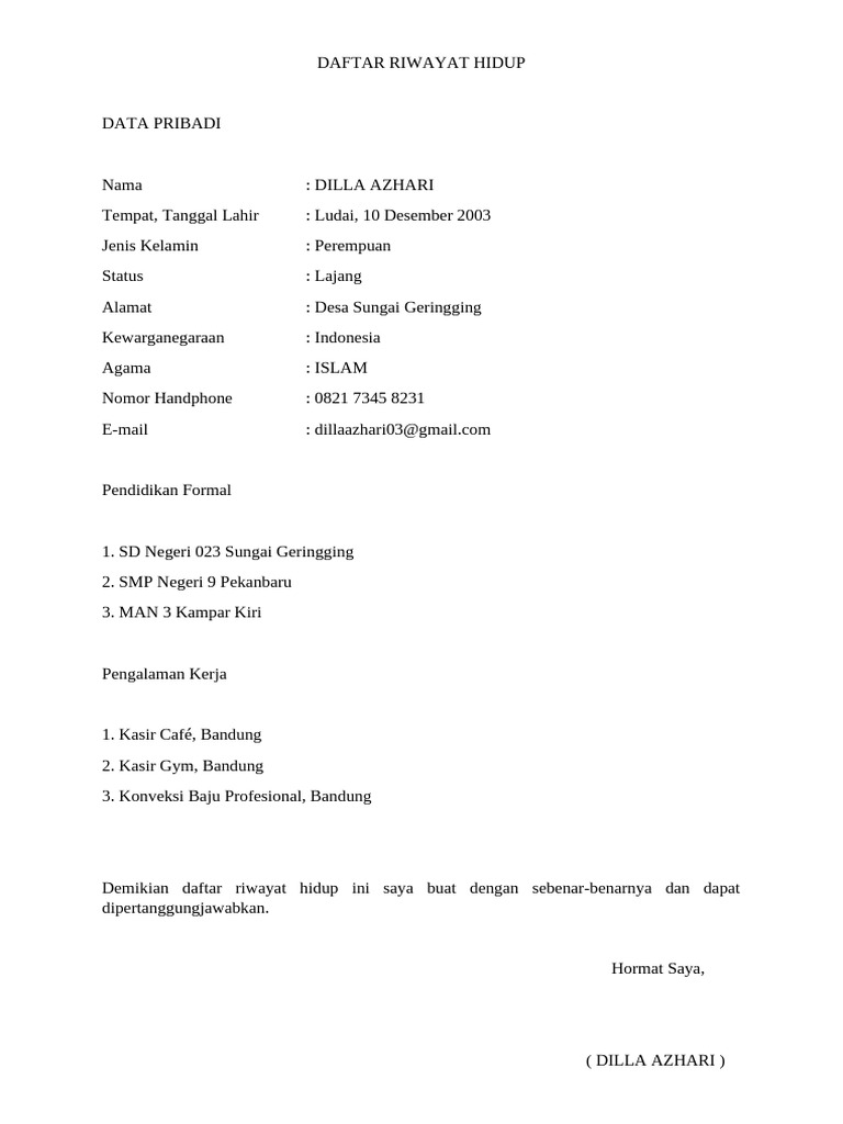 Daftar Riwayat Hidup Dilla | PDF