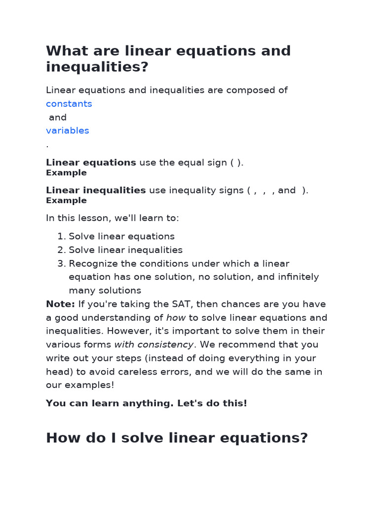 What are linear equations and inequalities | PDF | Equations ...