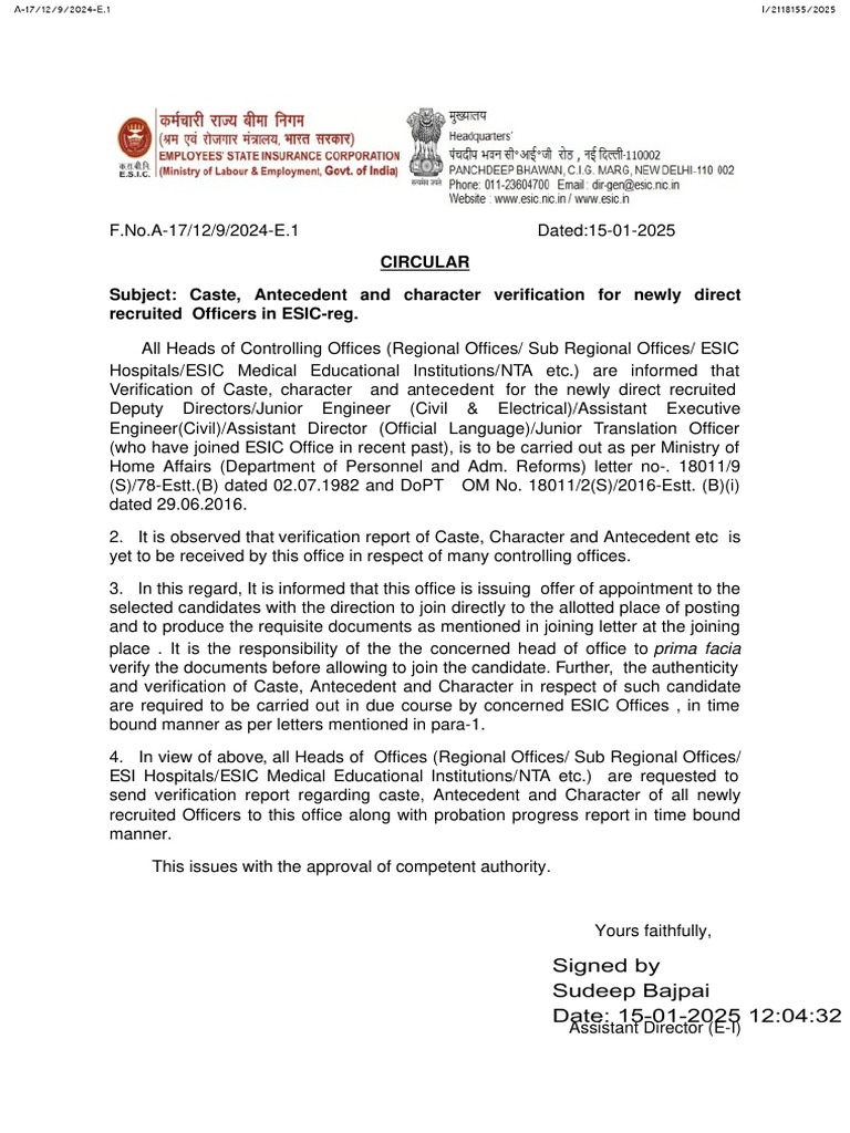 Circular Subject: Caste, Antecedent and Character Verification For Newly Direct Recruited ...