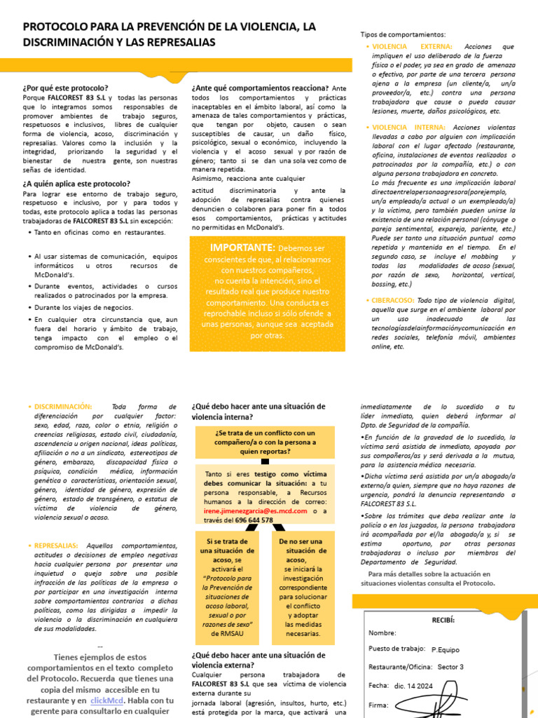 Tríptico protocolo prevención violencia discriminación y represalias SEC 3 | PDF | Acoso sexual ...