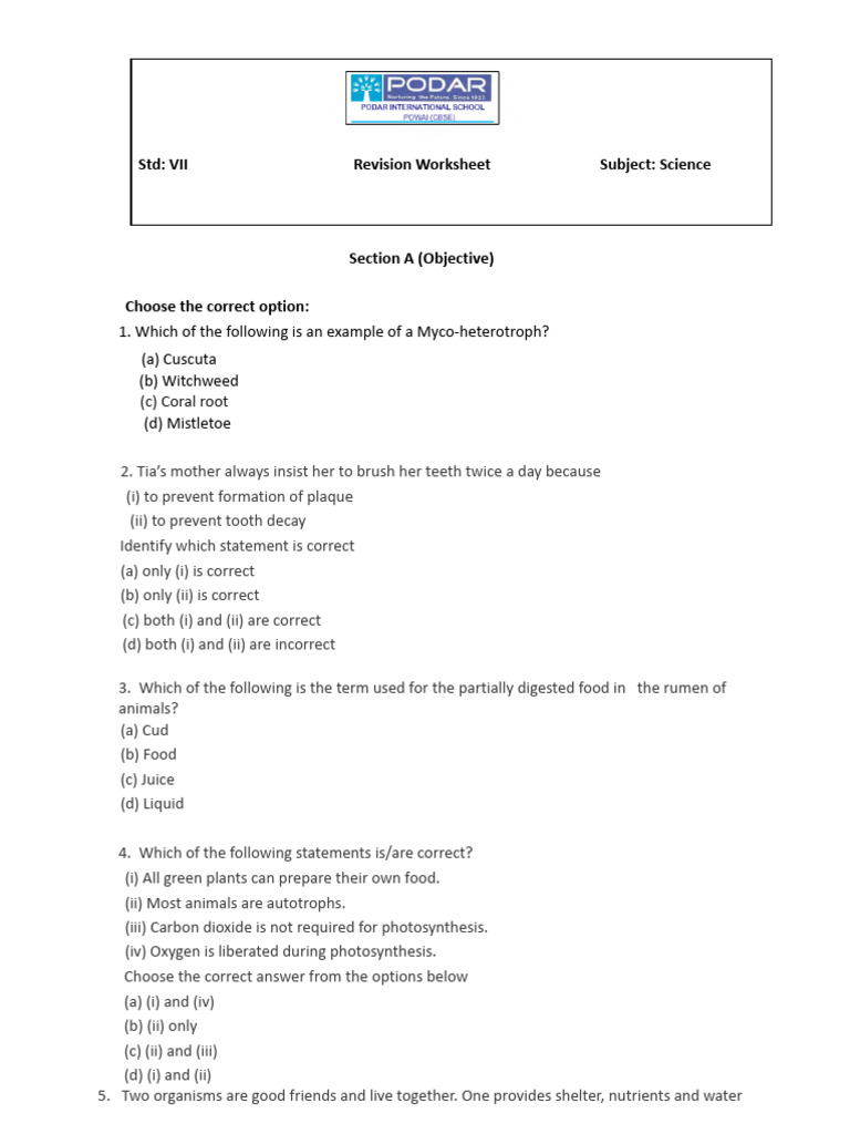 Science Grade 7 Revision WS | PDF | Digestion | Biology