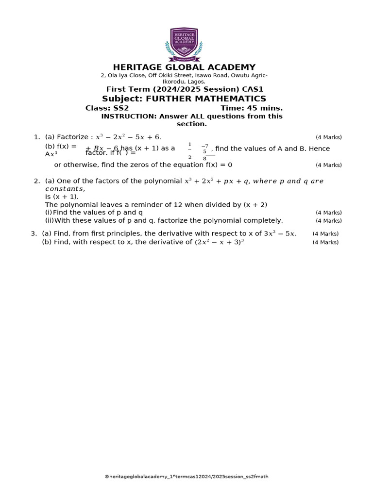 1st CA Fmath Ss2 1st Term | PDF